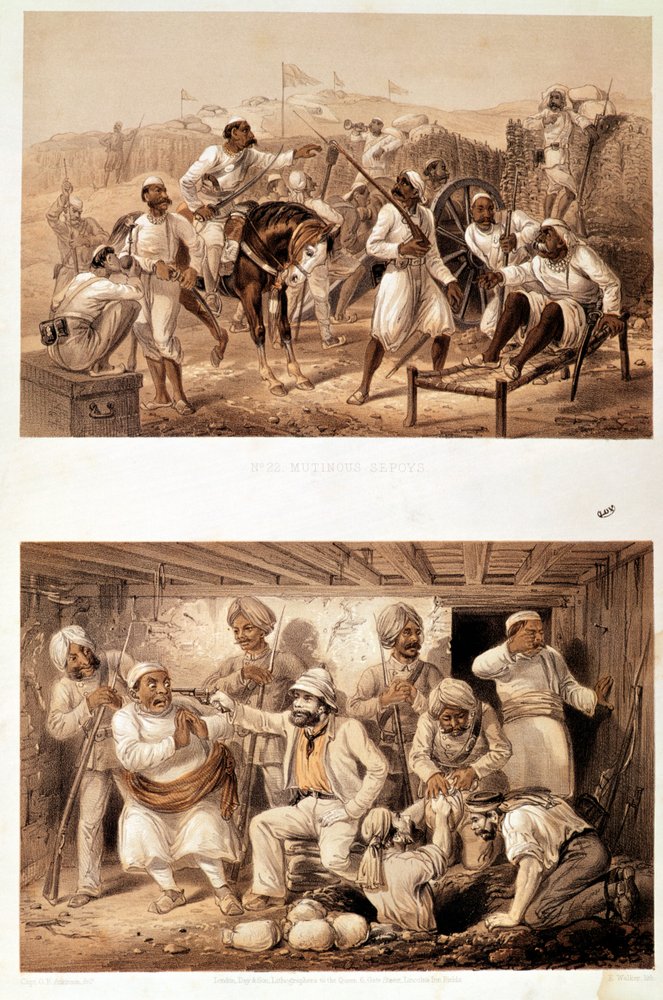 Two scenes of the Indian Mutiny in 1857 depicting mutinous sepoys and an English agent ...